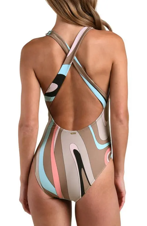 L'Agence Lisa Abstract Swirl Plunge One-piece Swimsuit