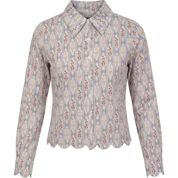 NONI Striped Button Front Scalloped Hem Blouse