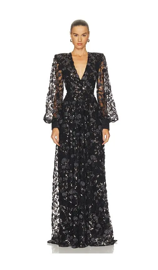ZHIVAGO Sequin Embellished Puff Sleeve Gown - Black