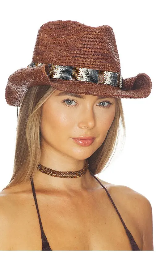 NIKKI BEACH Raffia Cowboy Hat With Beaded Embellishment - Brown