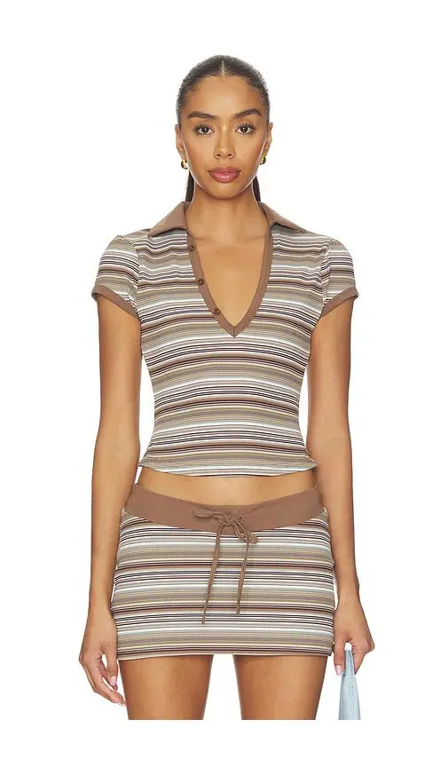 TIGER MIST Striped Cropped Polo Shirt - Brown