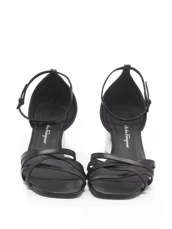 FERRAGAMO Leather Open Toe Ankle Strap Block Heel Sandals