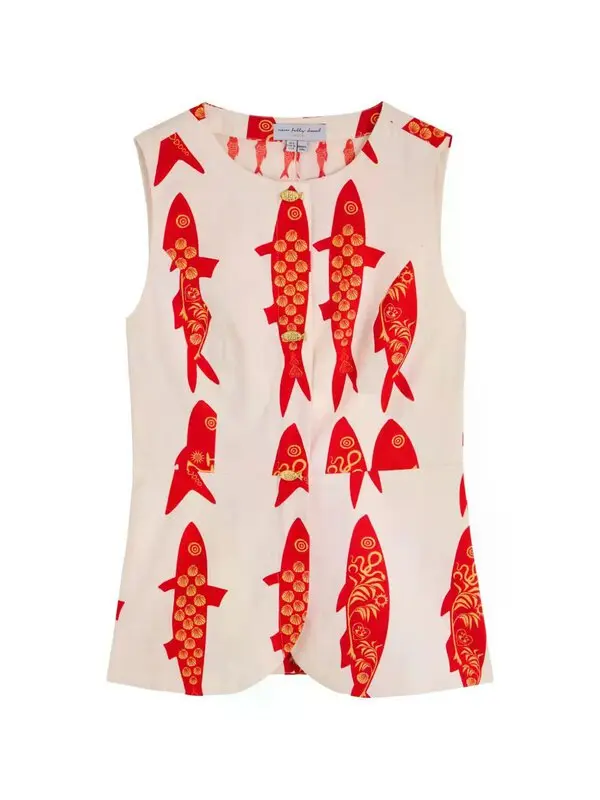 NEVER FULLY DRESSED Pink And Red Fish Print Cotton Tank Top - Neutrals