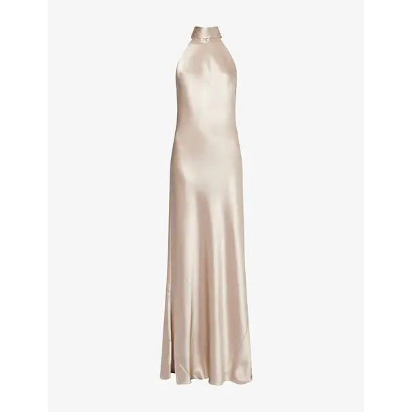 Galvan Sienna Halter-neck Satin Gown - Sand