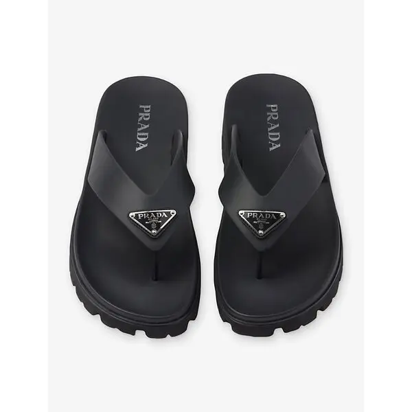Prada Rubber Thong Sandals With Enamelled Triangle Logo - Black