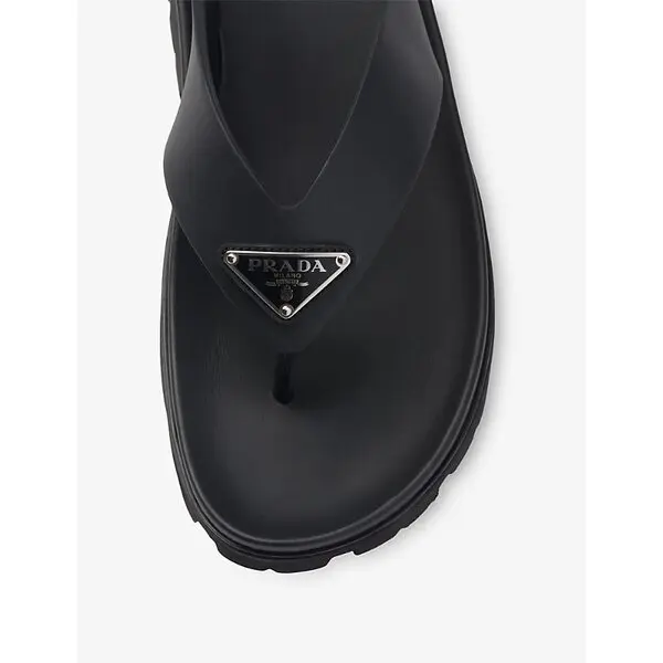 Prada Rubber Thong Sandals With Enamelled Triangle Logo - Black