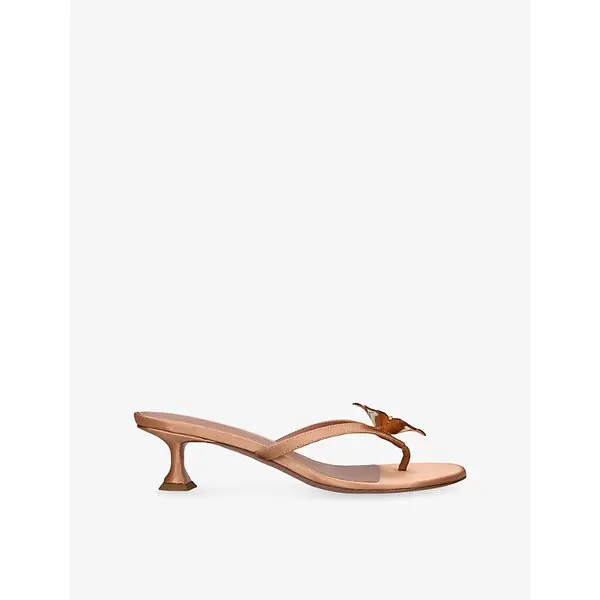 Amina Muaddi Vittoria Thong 45 Leather Heeled Sandals - Camel