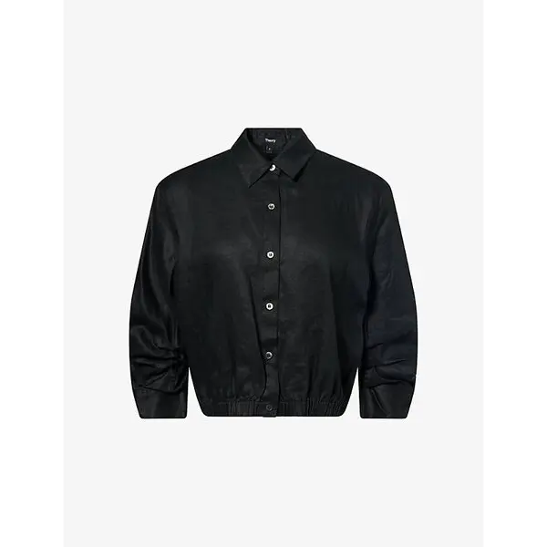 Theory Ruched-sleeve Crop Linen Shirt - Black