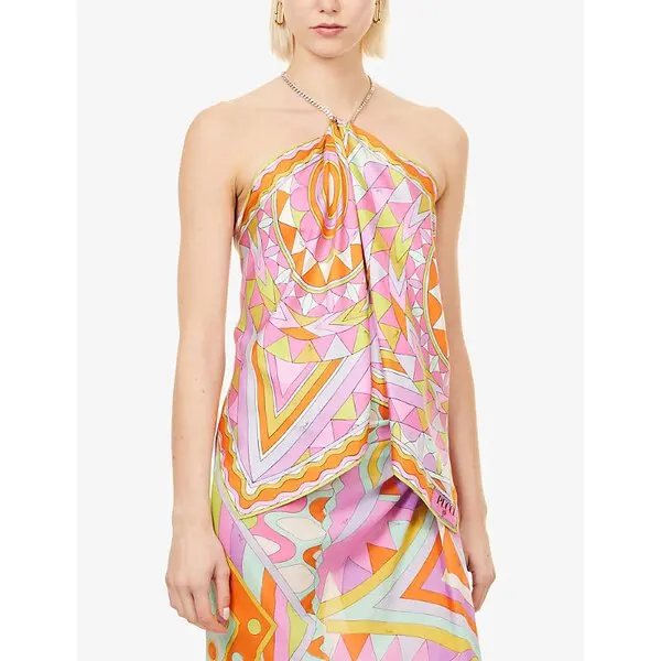 Emilio Pucci Printed Chain Halter-neck Silk Top