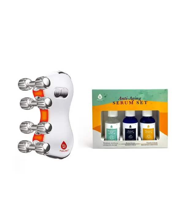 PURSONIC 5 In 1 Led Light Therapy Skin Roller Massager And Anti Aging Serum Set - White