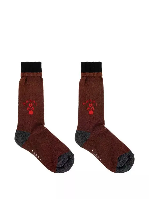 Marni Logo Intarsia Ribbed Trim Socks - Brown