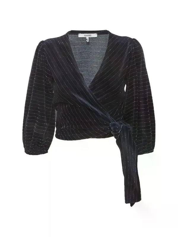 GANNI Striped Velvet Wrap Top - Blue