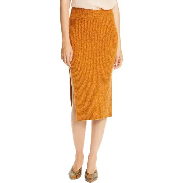 Rodebjer Side Slit Rib Knit Merino Wool Skirt - 3513 Sharp Orange