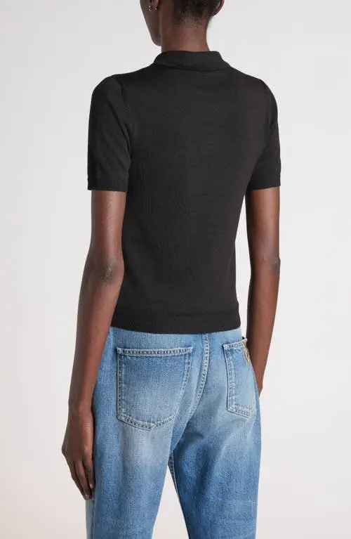 Valentino Garavani Short Sleeve Wool Blend Sweater With Polka Dot Silk Pussybow - Black