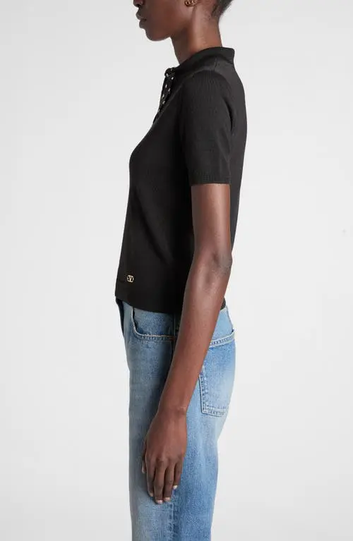 Valentino Garavani Short Sleeve Wool Blend Sweater With Polka Dot Silk Pussybow - Black