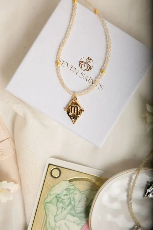 SEVEN SAINTS Scorpio Zodiac Choker Necklace With Citrine Gemstones - White