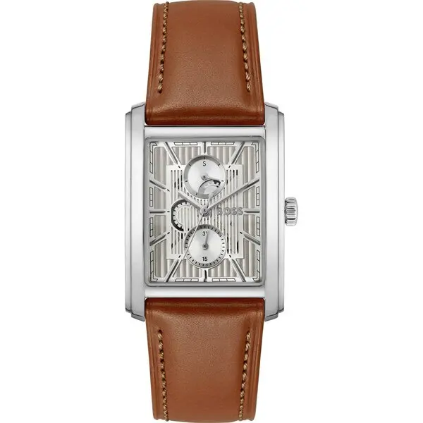BOSS Principle Dress Multifunction Tank Leather Strap Watch