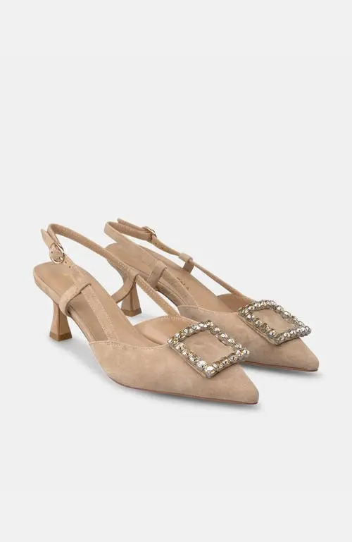 ALMA EN PENA Embellished Kitten Heel Pumps - Beige