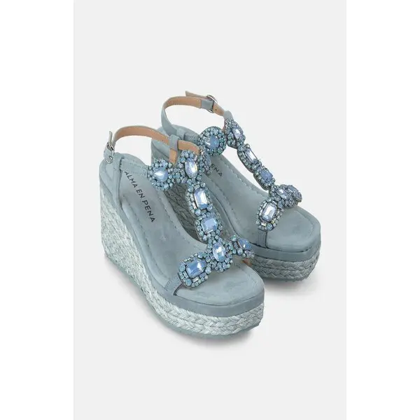 ALMA EN PENA Embellished Wedge Sandals With Rhinestone Straps - Blue