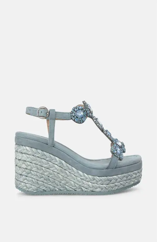 ALMA EN PENA Embellished Wedge Sandals With Rhinestone Straps - Blue