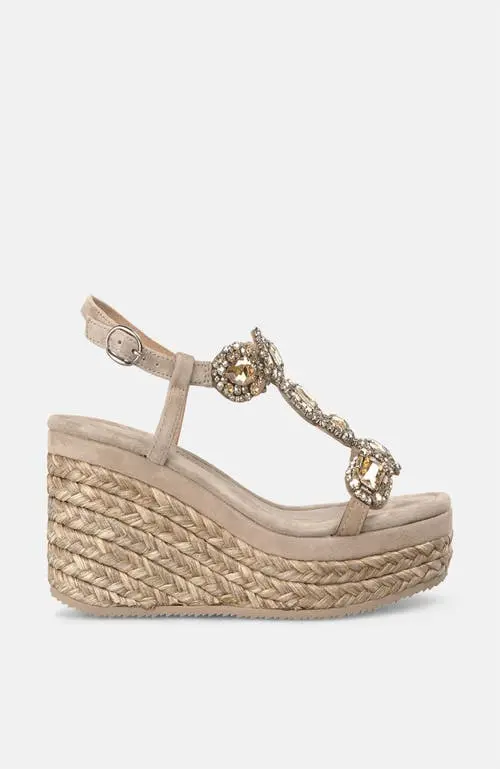 ALMA EN PENA Embellished Wedge Sandals With Rhinestone Straps - Brown