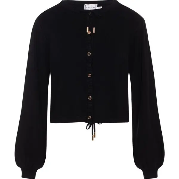 MILAN ITALY Cropped Knit Cardigan With Puff Sleeves - Black