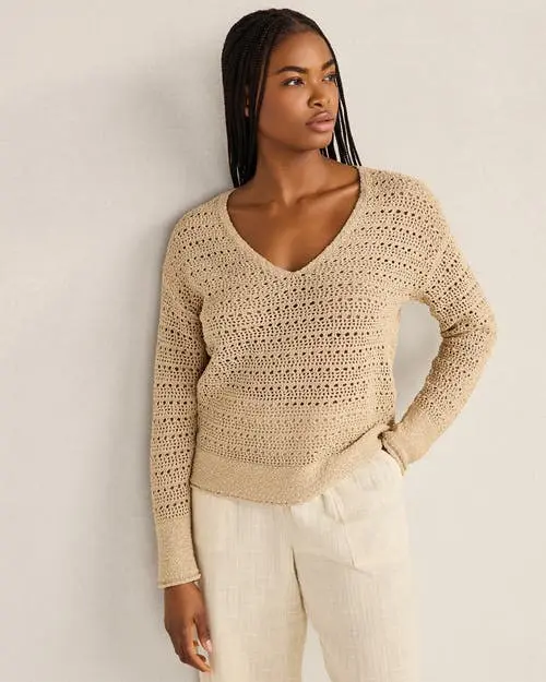 HAVEN WELL WITHIN Textured Cotton V-neck Sweater - Farro