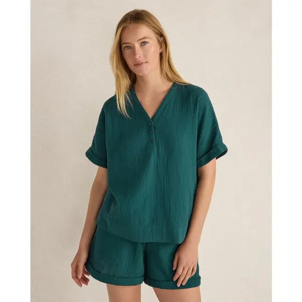 HAVEN WELL WITHIN Organic Cotton Gauze V-neck Top - Deep Turquoise