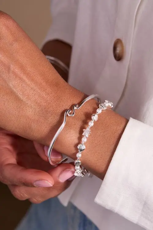 ALEX AND ANI Seaside Pearl Beaded Bangle With Coastal Symbols
