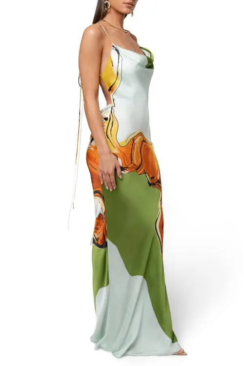 JLUXLABEL Tropical Print Golden Touch Satin Dress
