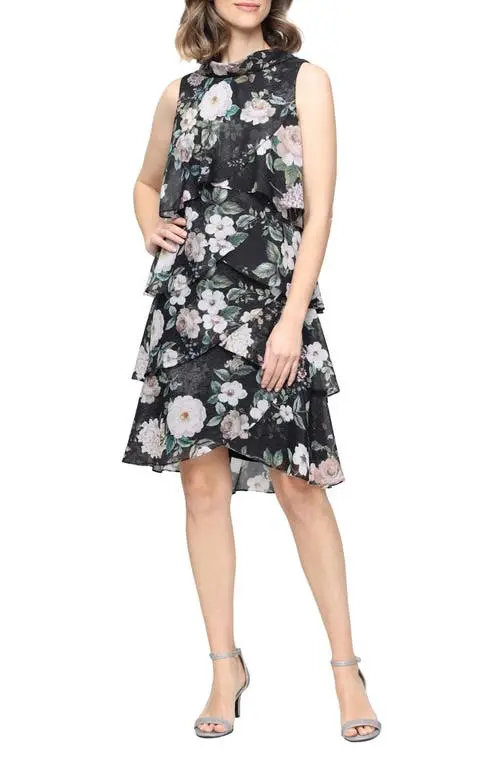 SL FASHIONS Print Metallic Sleeveless Tiered Chiffon Dress - Black Multi