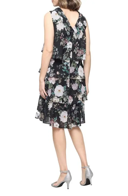SL FASHIONS Sleeveless Tiered Chiffon Dress With Floral Print