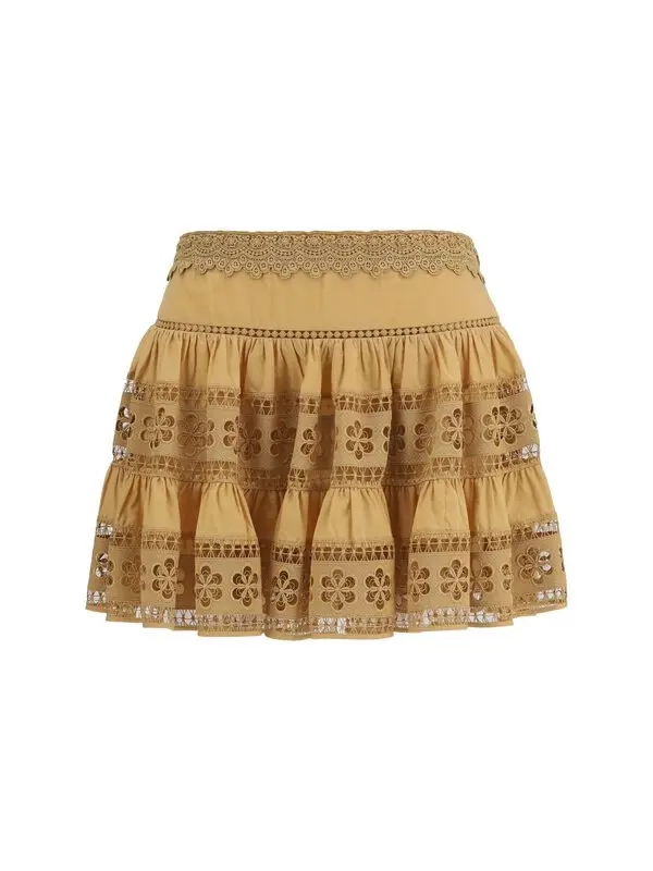 Charo Ruiz Ibiza Lea Short Skirt In Cotton Voile With Embroidered Lace - Brown