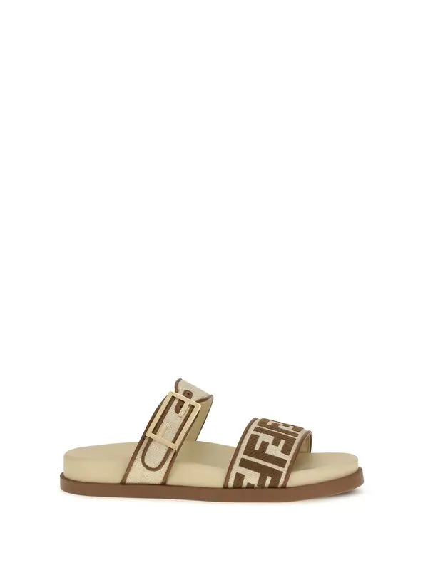 Fendi Flat Slide Sandals With Ff Embroidery - Brown