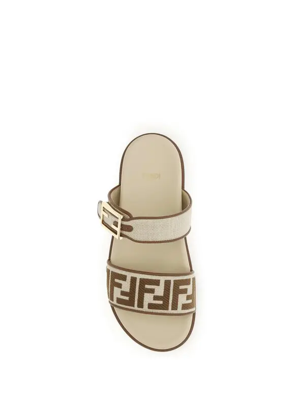 Fendi Flat Slide Sandals With Ff Embroidery - Brown