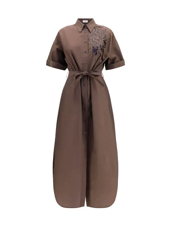 Brunello Cucinelli Sequined Shirt Dress With Belt - Brown
