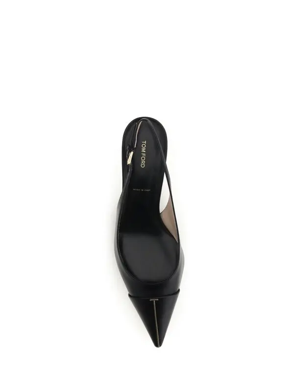 TOM FORD Leather Slingback Pumps With Kitten Heel And Gold T Logo - Black