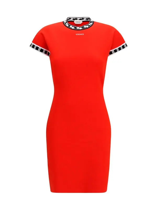 Versace Cotton Knit Mini Dress With Geometric Jacquard Trim