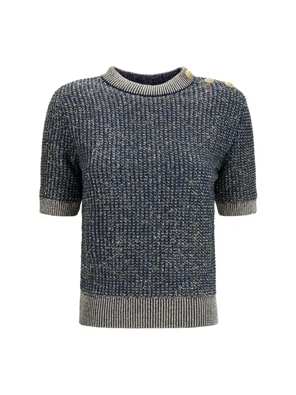 Balmain Short-sleeve Sequined Sweater With Buttons - Blue