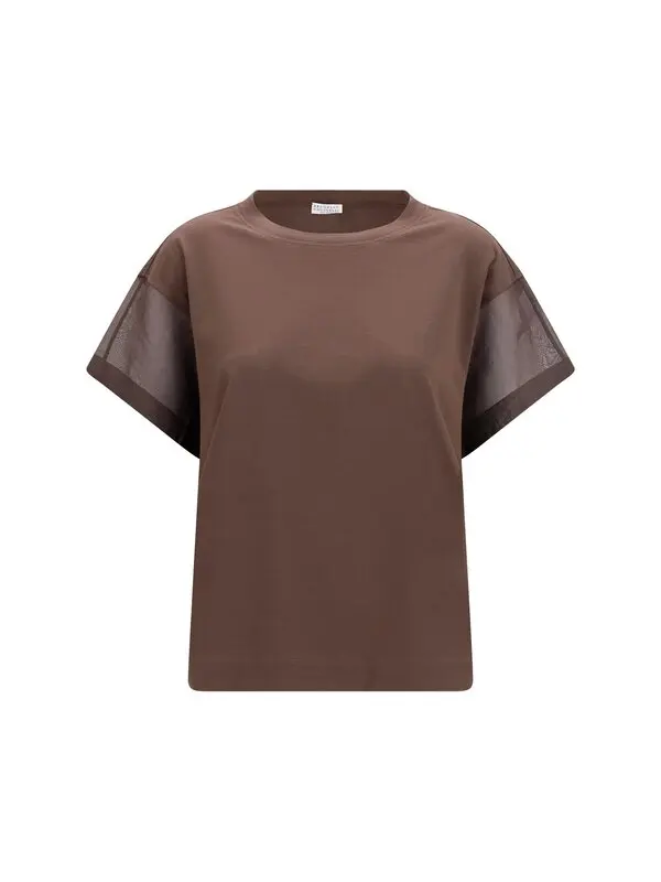 Brunello Cucinelli Cotton T-shirt With Sheer Sleeves - Brown
