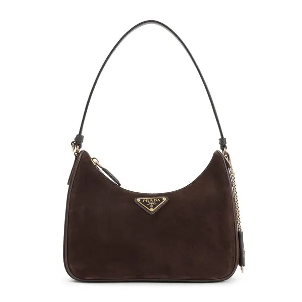 Prada Suede Shoulder Bag With Enamel Triangle Logo - Brown