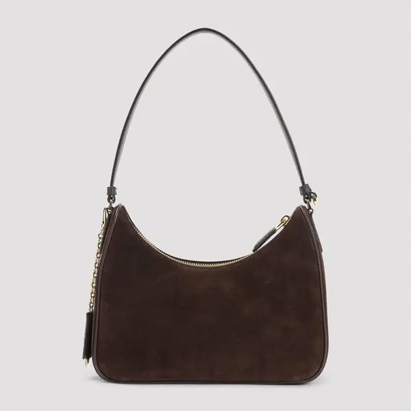 Prada Suede Shoulder Bag With Enamel Triangle Logo - Brown