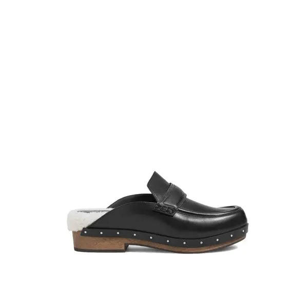 Brunello Cucinelli Monili Embellished Shearling Heel Leather Clogs - Black