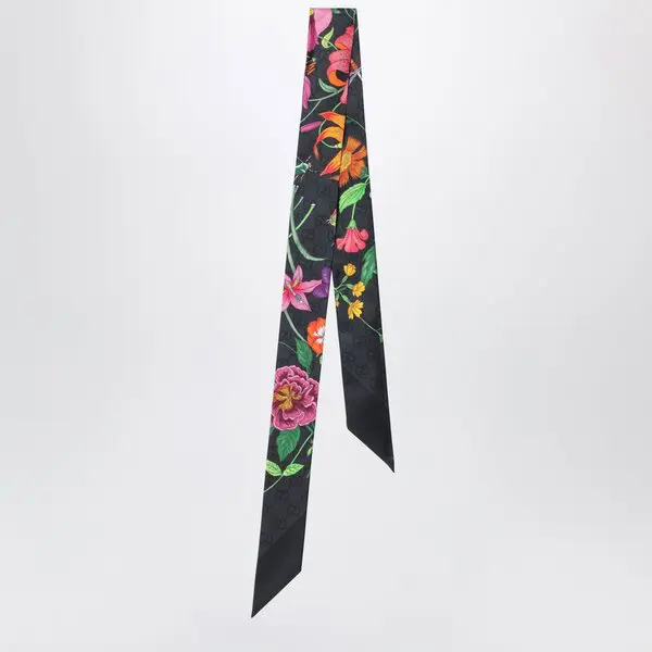 Gucci Silk Ribbon With Gg Flora Print - Black
