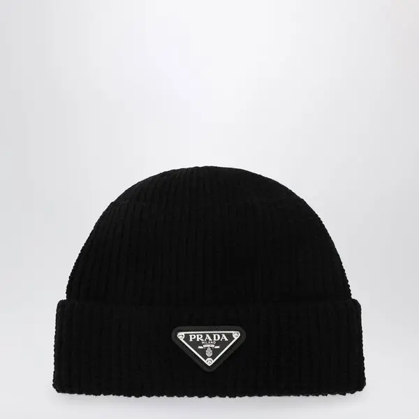 Prada Wool Beanie With Triangle Logo - Black