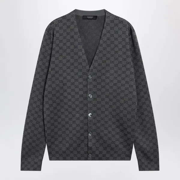 Gucci Grey Wool And Silk Cardigan With Gg Motif - Gray
