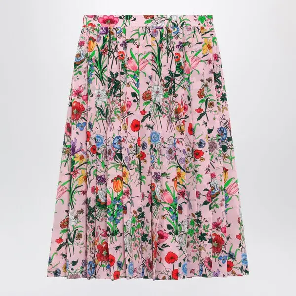 Gucci Flora-print Pleated Silk Midi Skirt In Pink - Multicolor