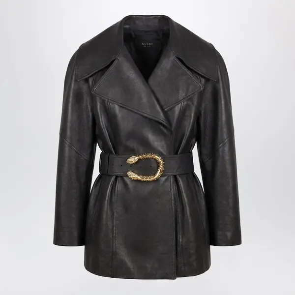 Gucci Leather Jacket With Dionysus Buckle Belt - Black