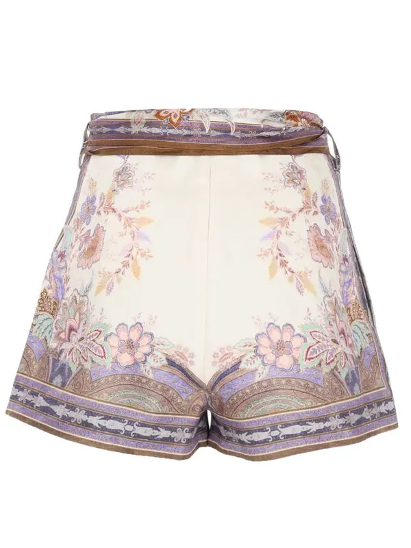 Zimmermann Linen Printed Shorts With Scarf Tie - Multicolor
