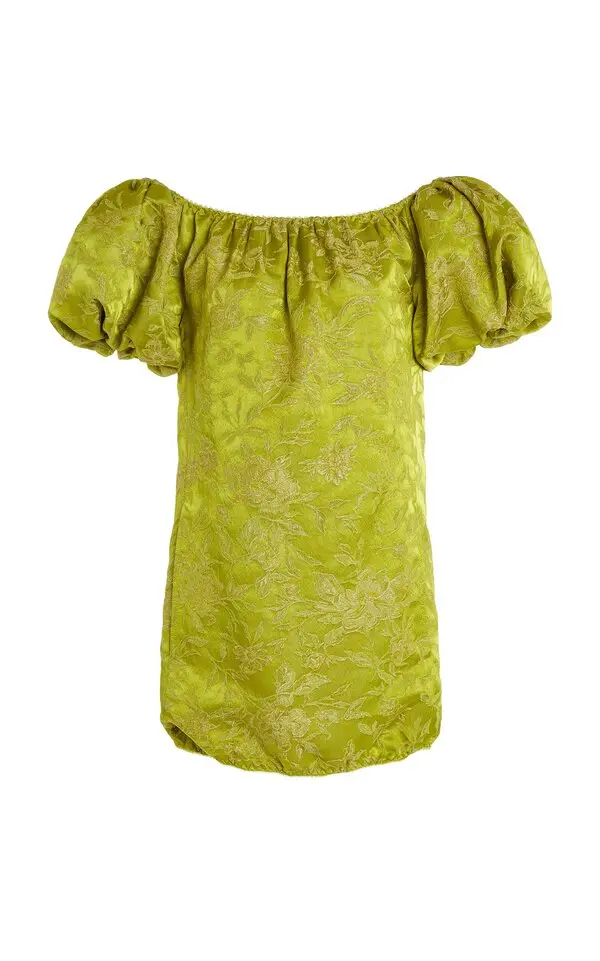 Saint Laurent Floral Brocade Puff Sleeve Mini Dress - Green